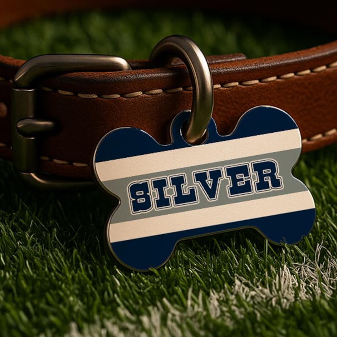 Custom Dog Collar Tag – Dallas Gameday Style, Navy & Silver Gridiron ...