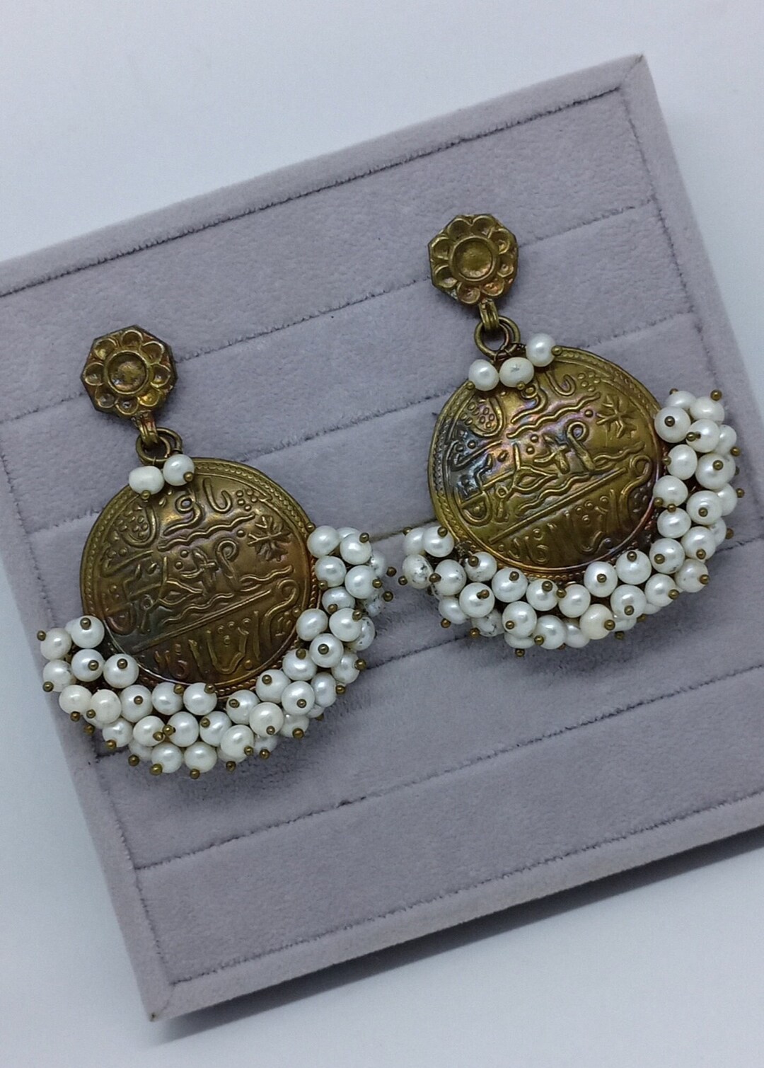 Natural Pearl Earring in Metal, Arabic Art Earring, Round Pearl Earring ...