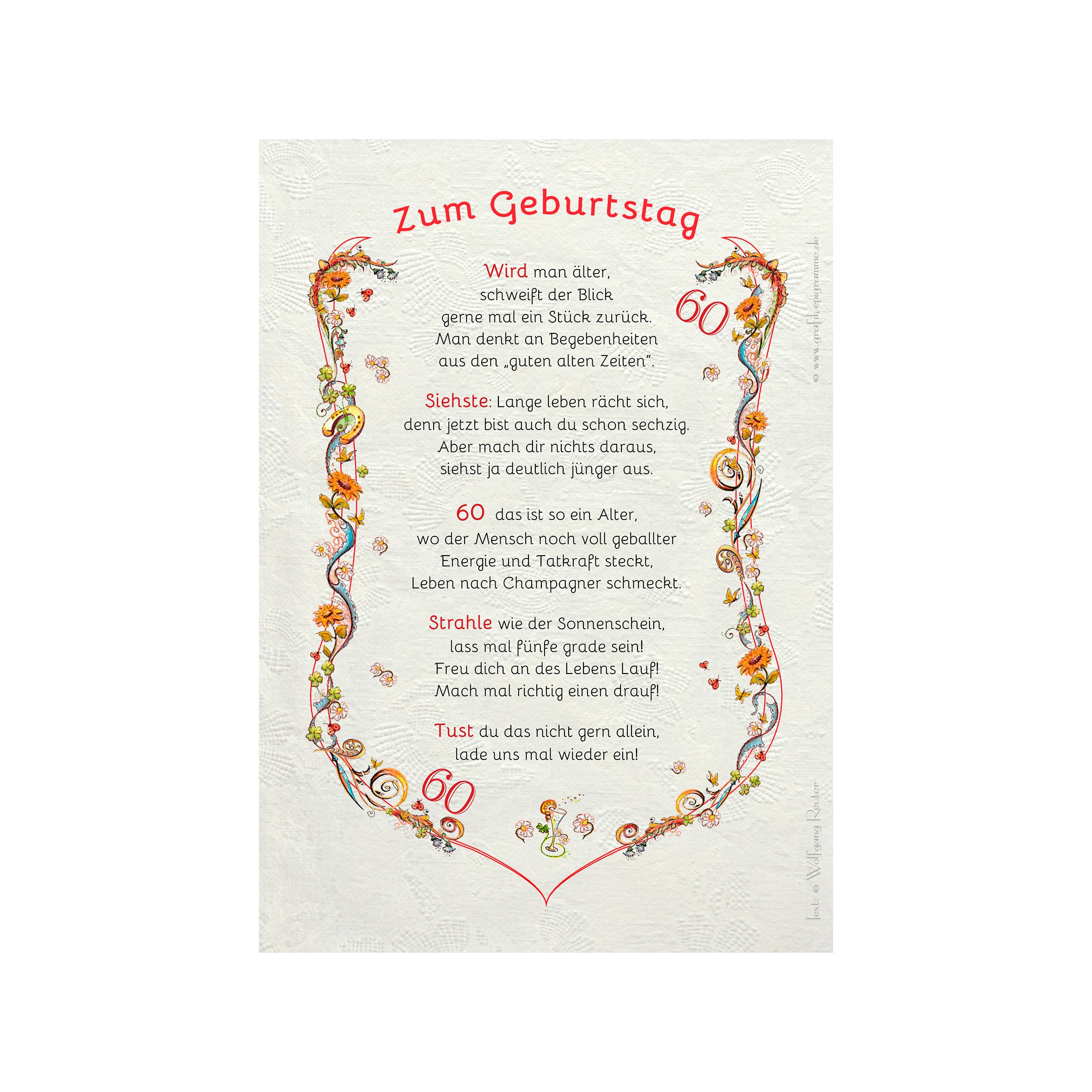 Gift Card Certificate 60th Birthday, Drawing With Humorous Poem, A4 ...