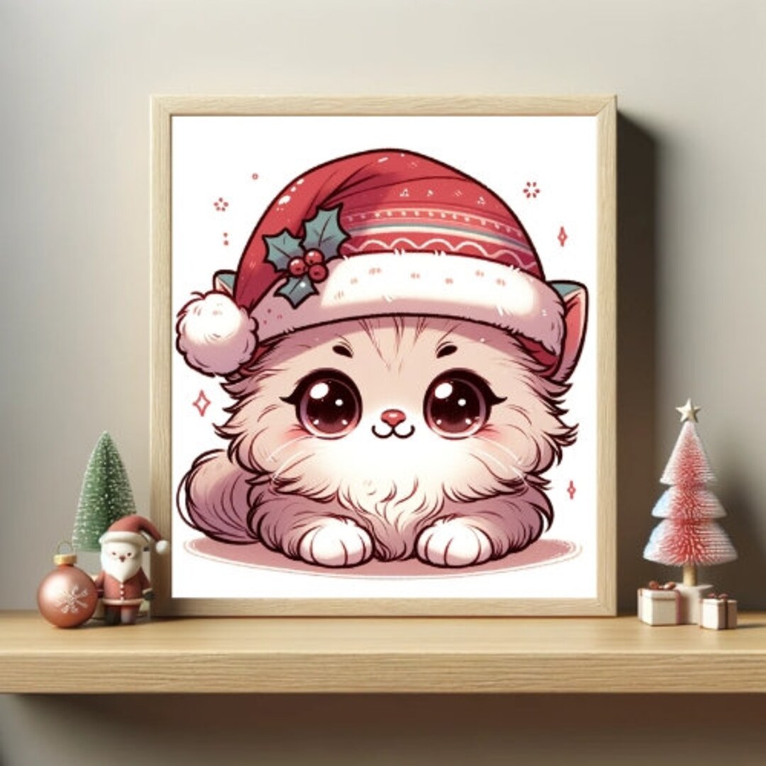Adorable Christmas Cat Art, DIGITAL DOWNLOAD, Cute Festive Kitten Print ...
