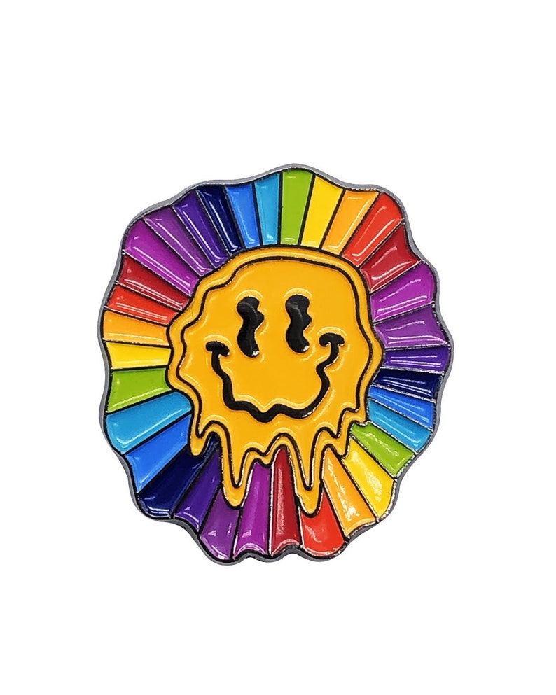 Melting Smiley Face Rainbow Enamel Pin With Metal Frame | Groovy Enamel ...