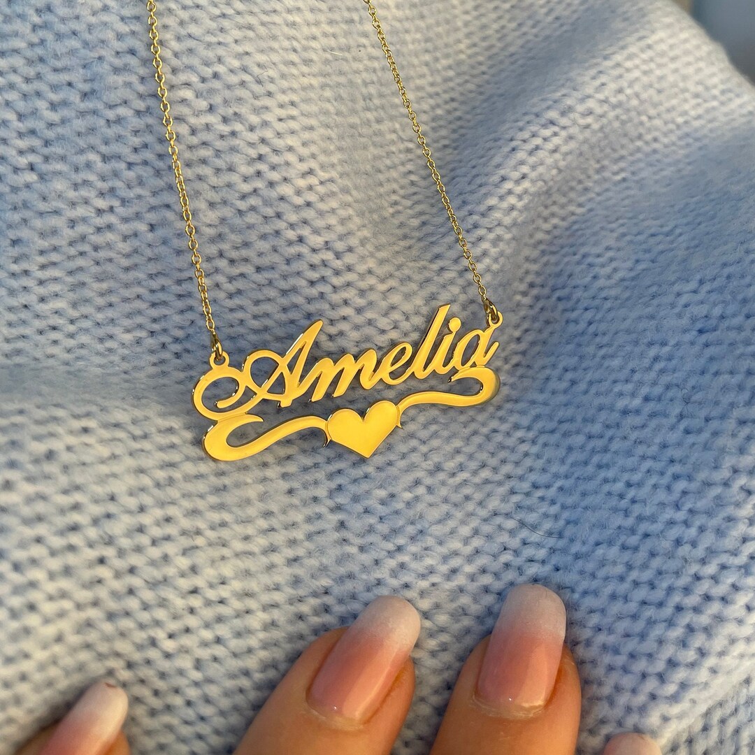 Name Necklace With Heart Underline - Sterling Silver Thicker Pendant ...