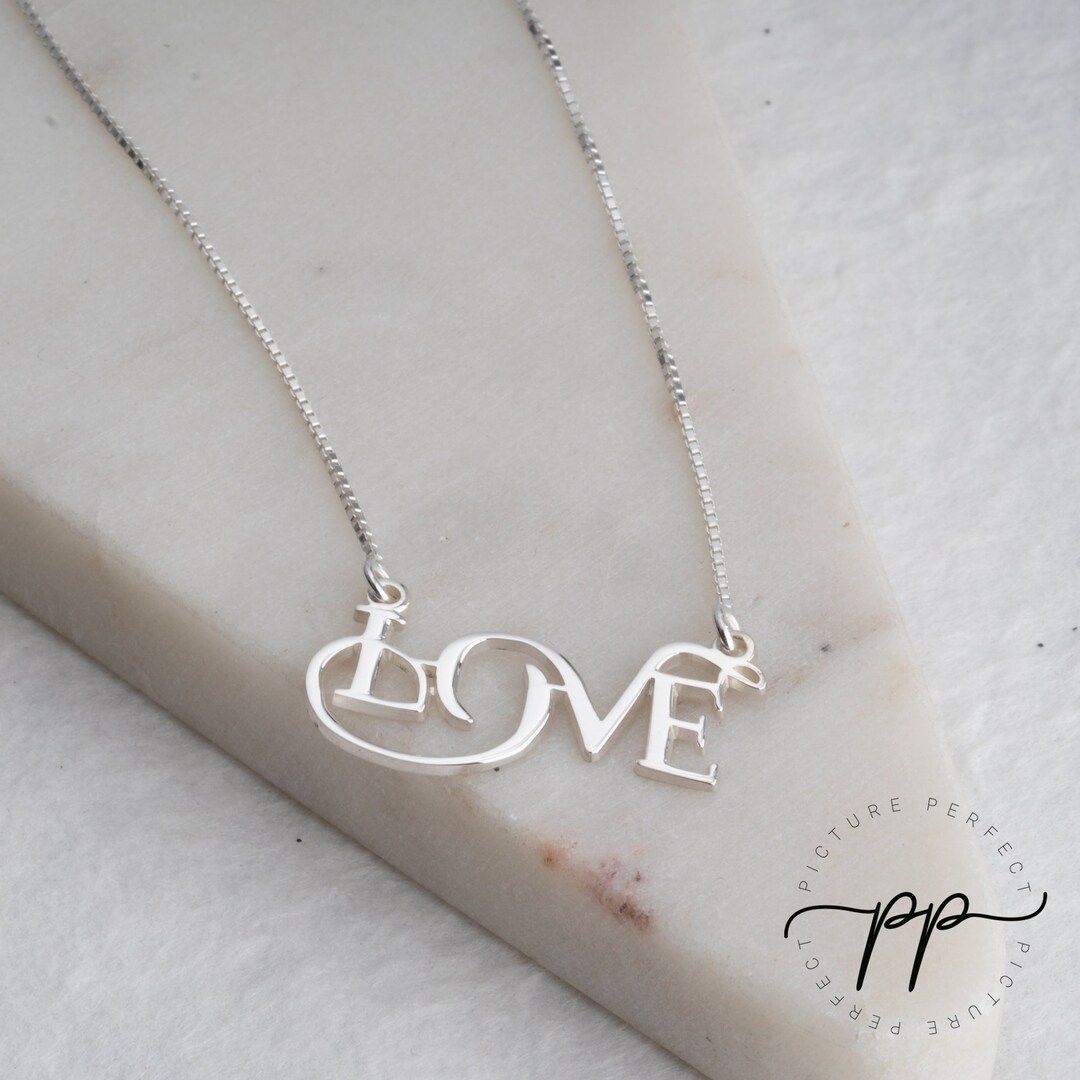 Love Necklace in Cursive Writing - Silver Love Pendant on BOX Chain ...