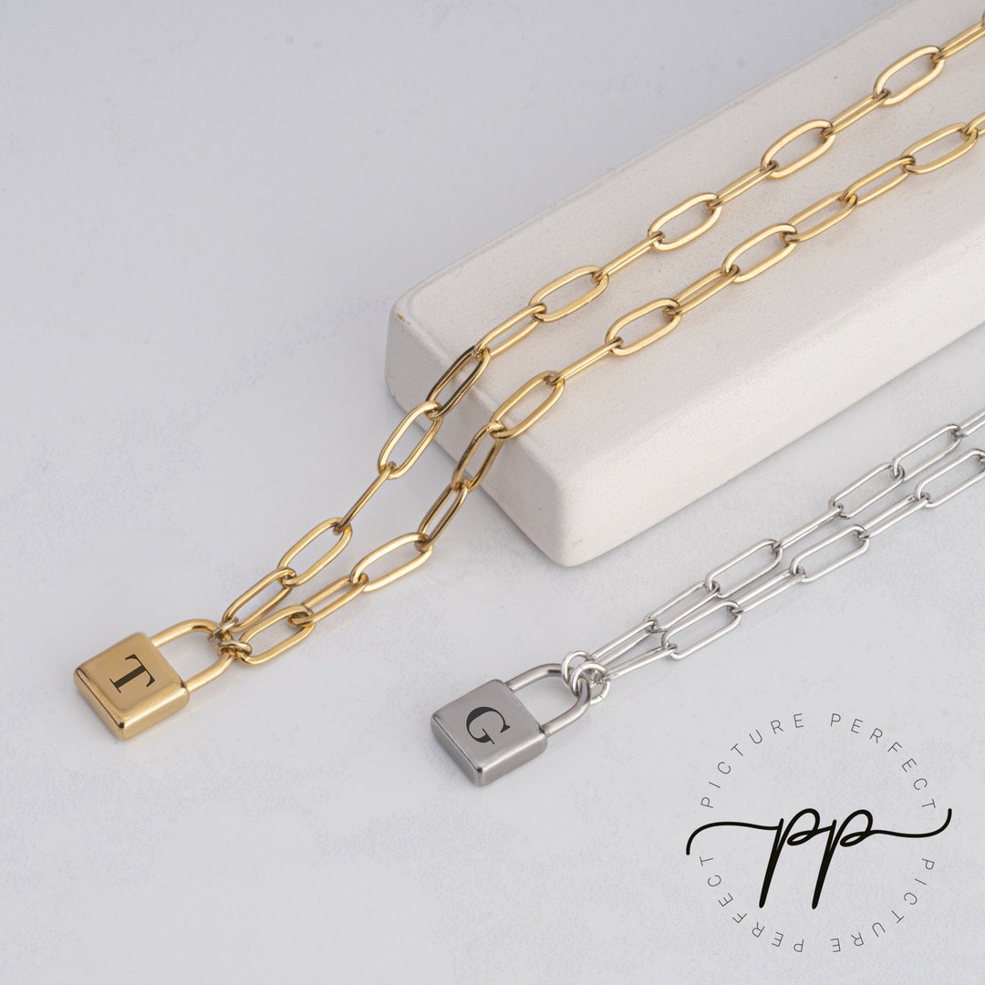 Padlock Initial Necklace With Paperclip Chain - Stainless Steel - Laser ...