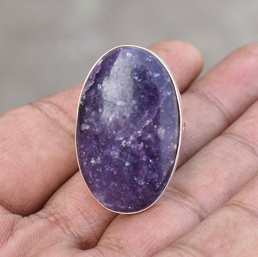 Natural Lepidolite Ring, Handmade Gemstone Jewelry, Large Lepidolite Ring, 925% Sterling Silver ...