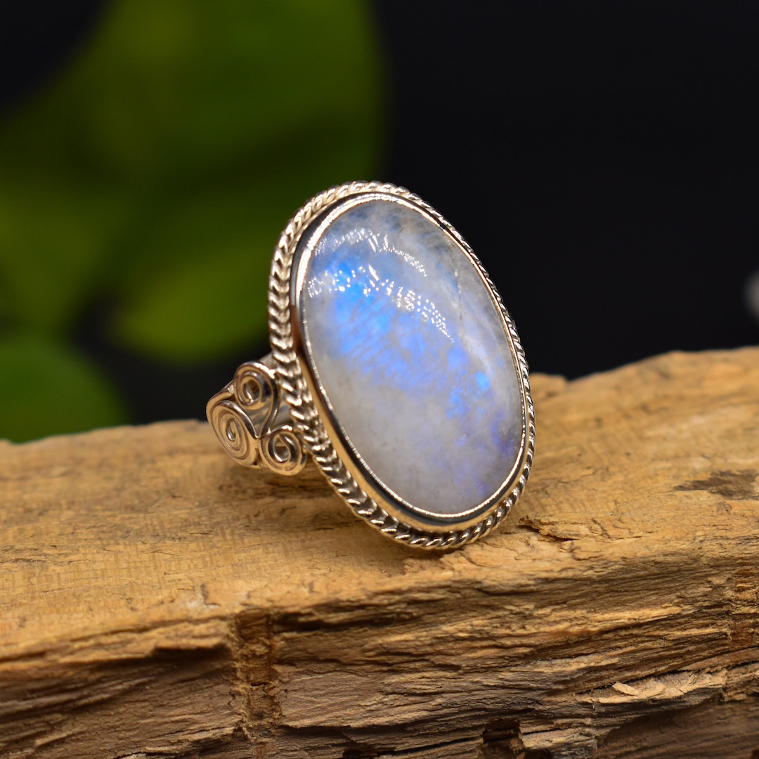 Large Natural Moonstone Ring, Rainbow Moonstone Ring, 925 Sterling ...