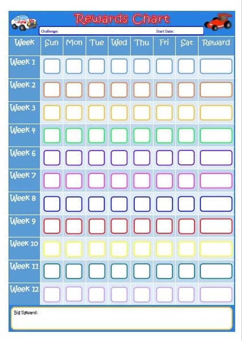 Rewards Chart 12 Week, Printable PDF in Pink and Blue. A4 and US Letter ...