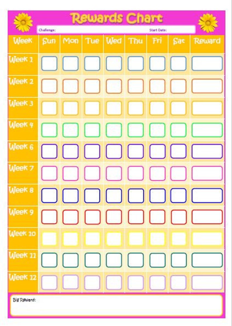 Rewards Chart 12 Week, Printable PDF in Pink and Blue. A4 and US Letter ...