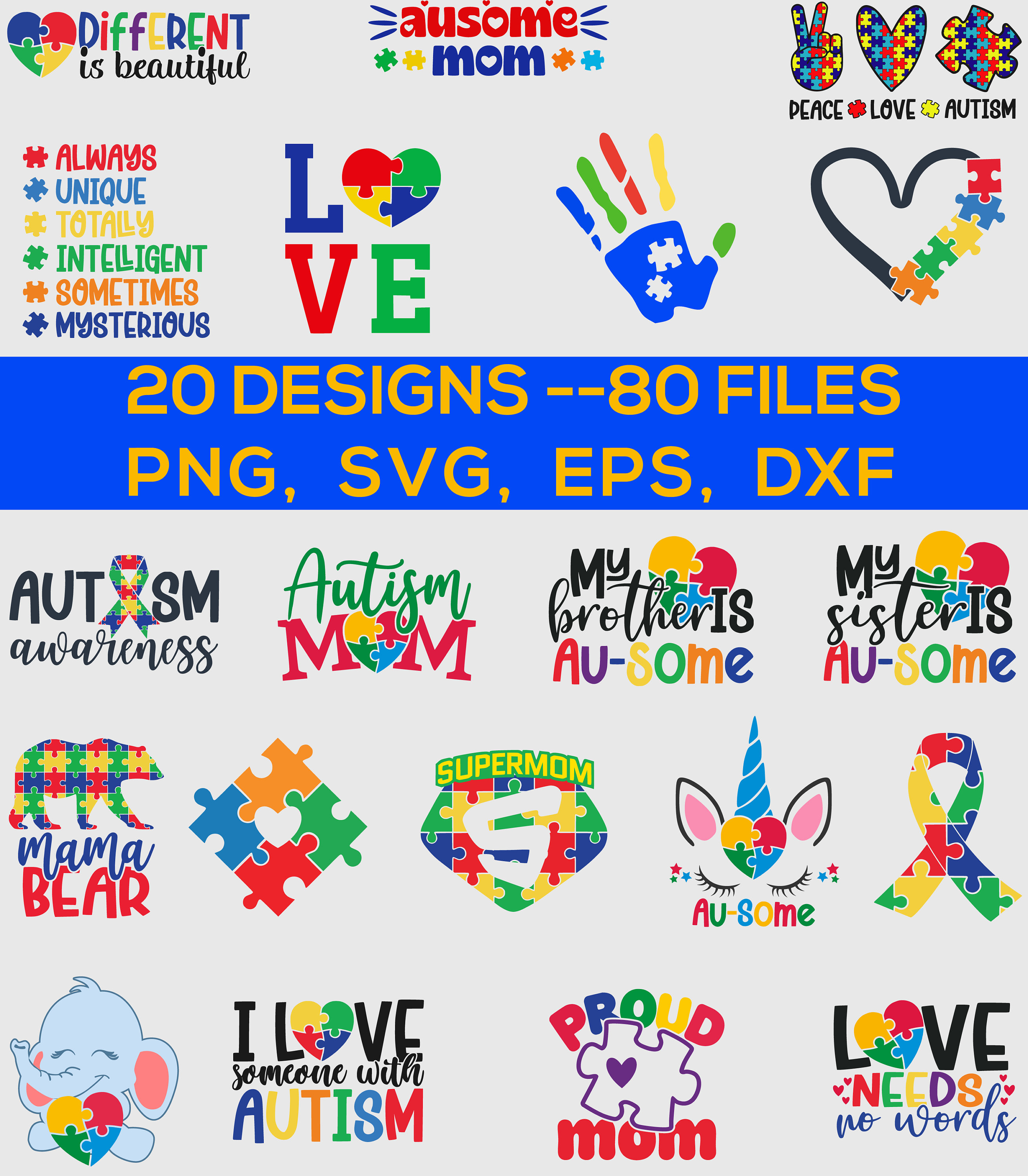 20 Autism Digital Designs Bundle--svg, Png, Eps, Dxf - Etsy