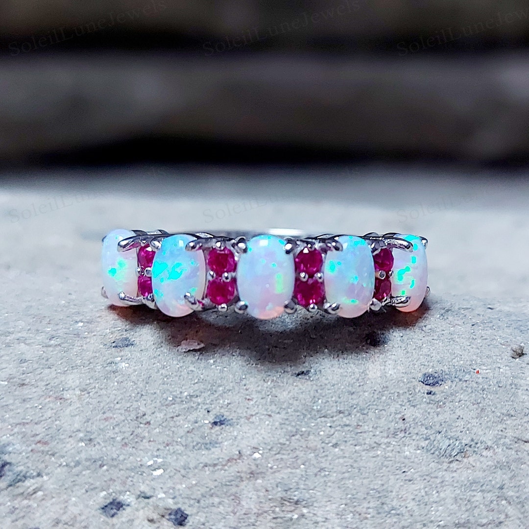 Oval Opal Wedding White Gold Ring Opal and Pink Tourmaline - Etsy