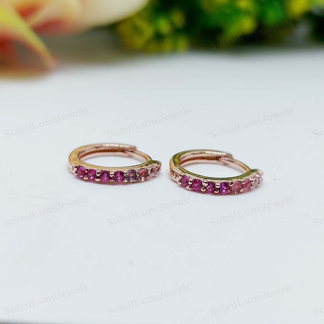 Red Ruby Hoop Earrings, Minimalist Huggie Hoops in Sterling Silver ...