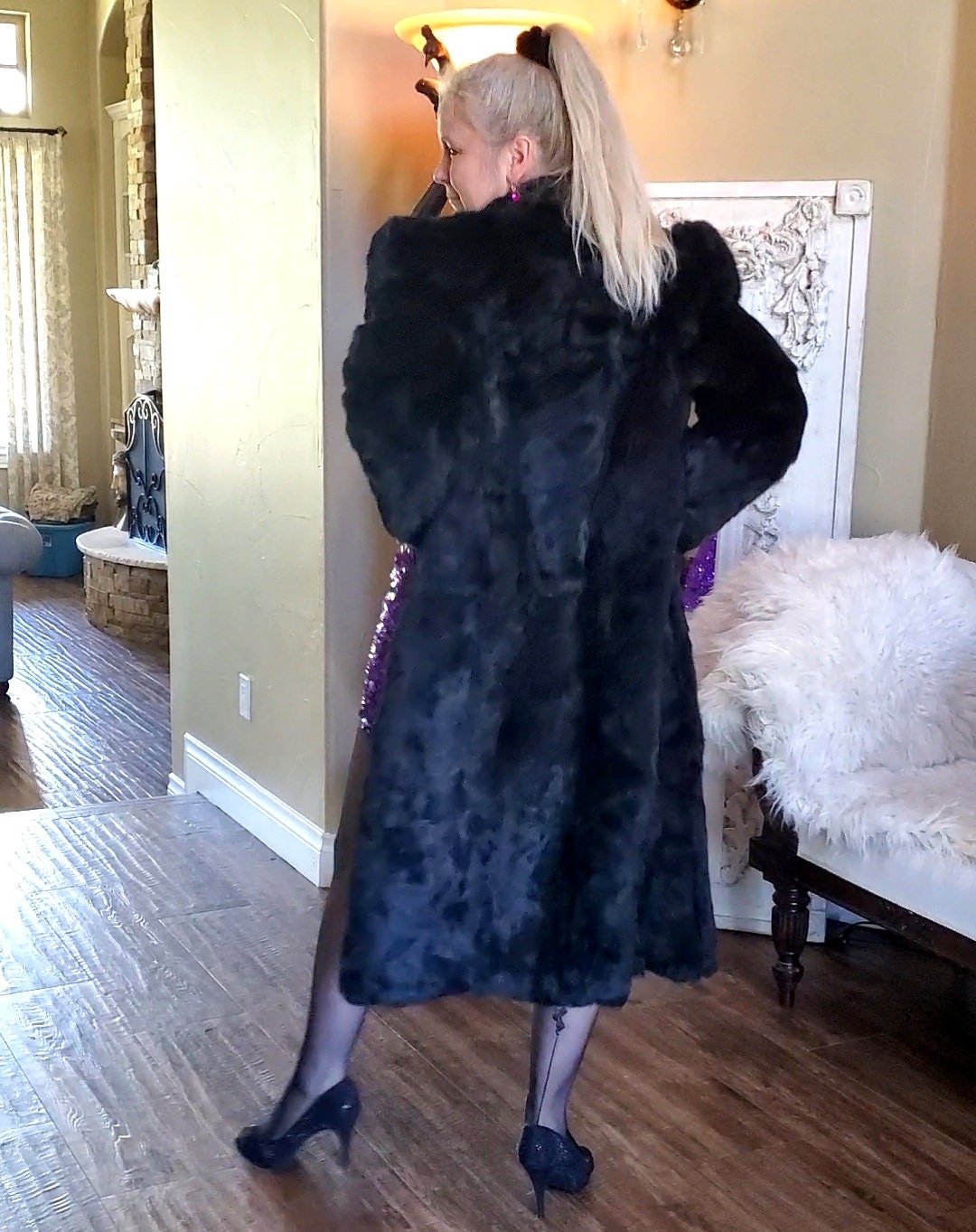 Black, Long, Ultra Soft Rabbit Fur Coat With Tuxedo Collar - Etsy