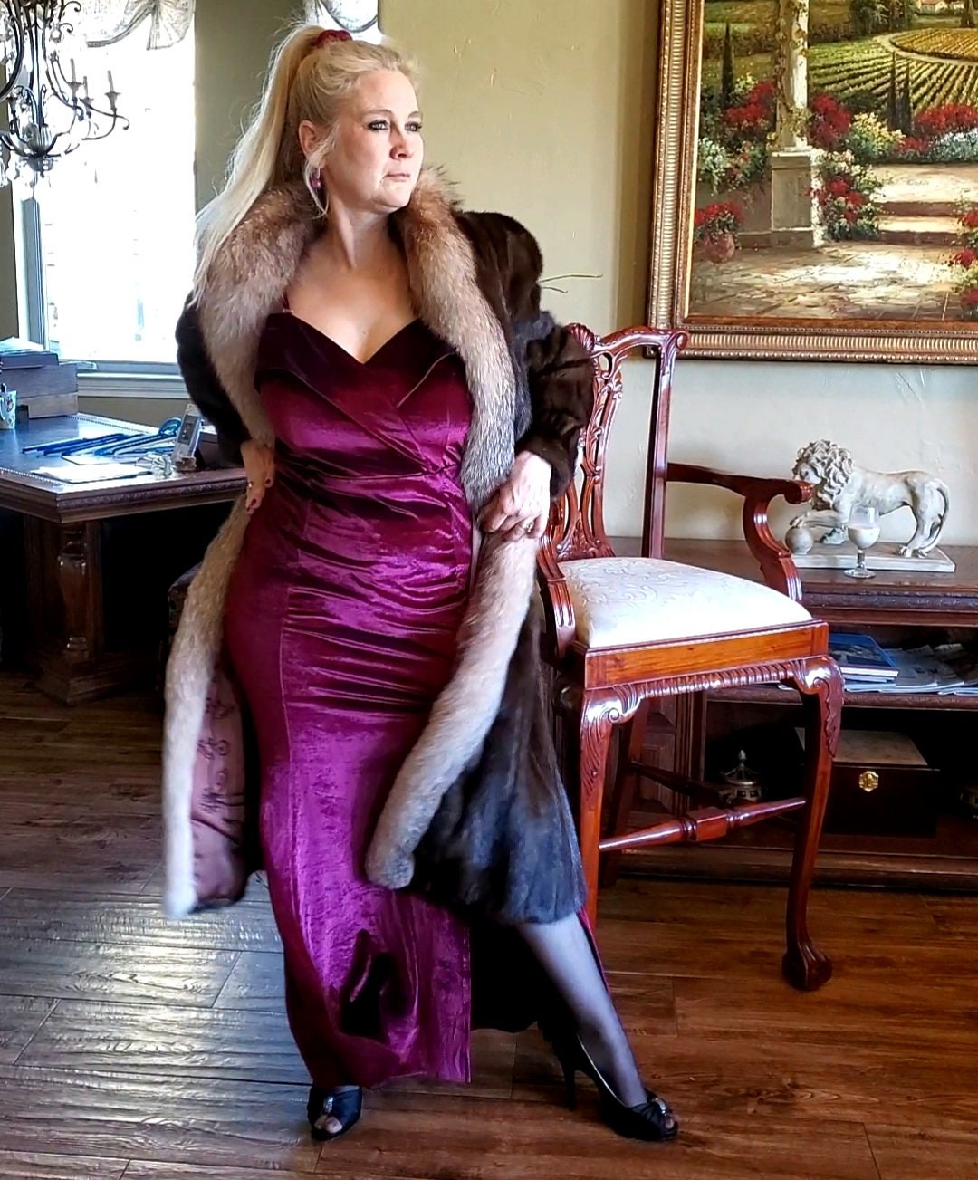 Long Chocolate Brown Mink Coat With Light Brown Fox Tuxedo Collar M-L ...