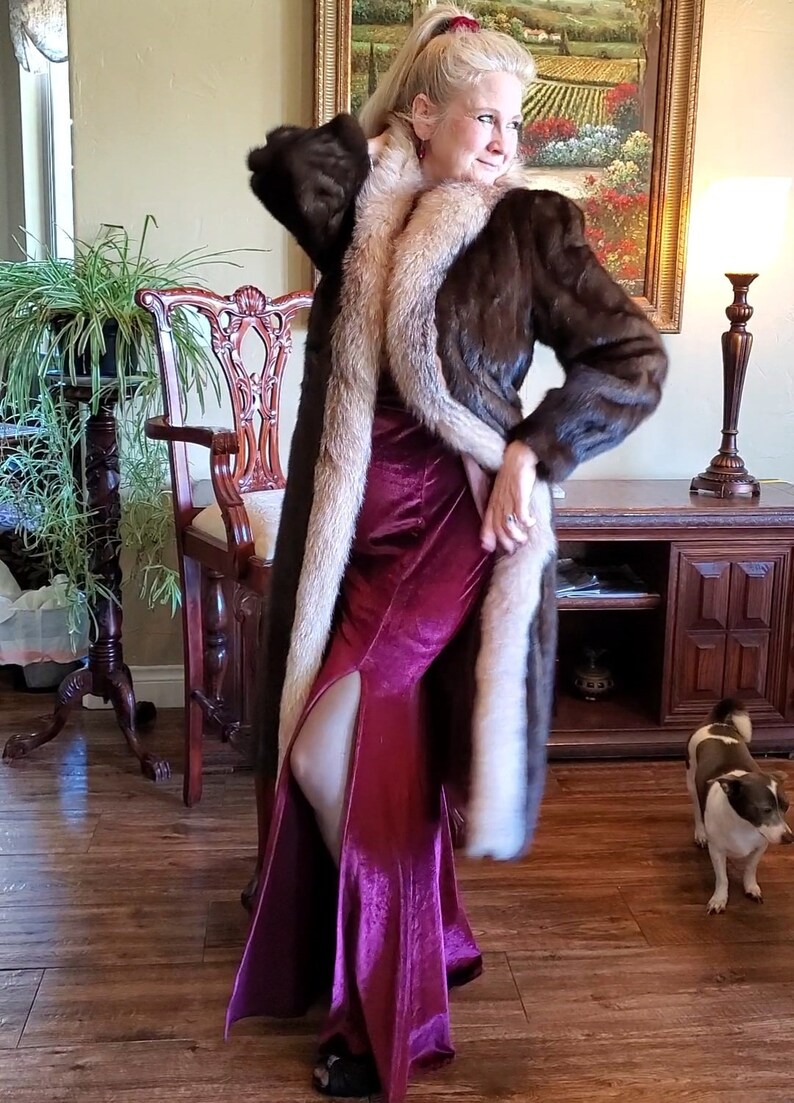Long Chocolate Brown Mink Coat With Light Brown Fox Tuxedo Collar M-L ...