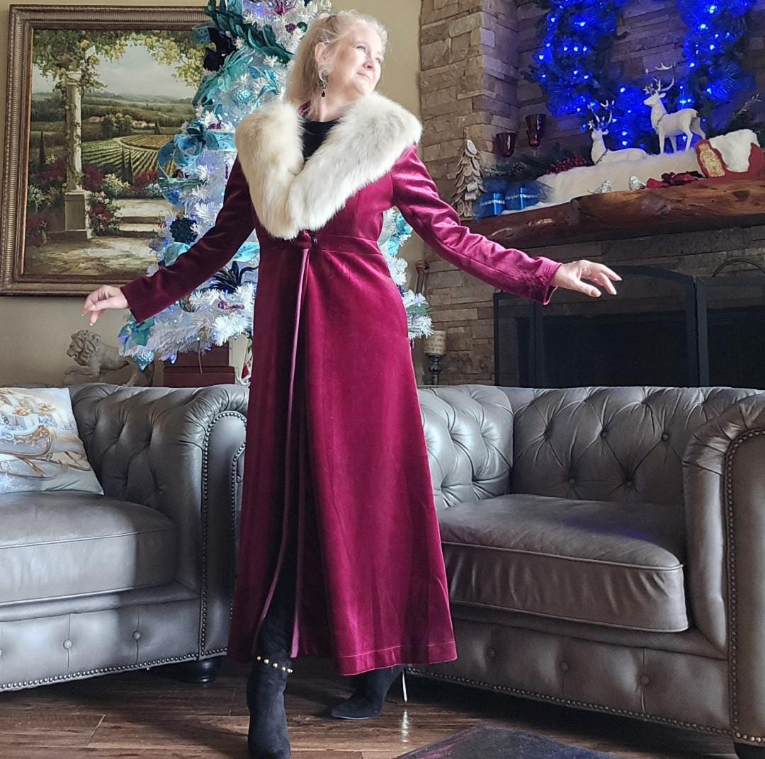 New Burgundy Red Velvet Duster With Ivory Fox Fur Collar - Etsy