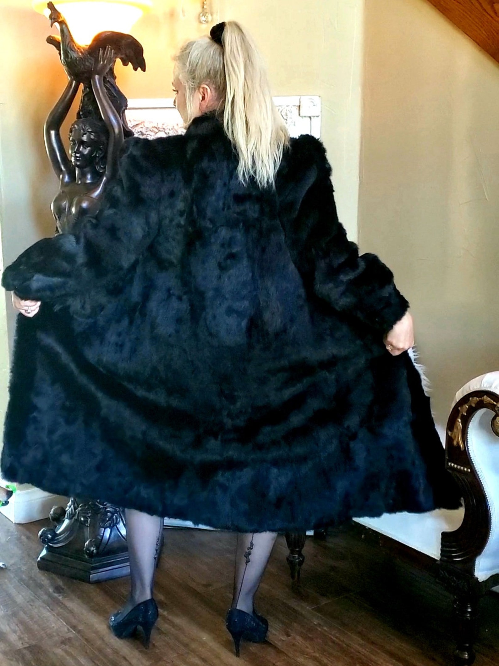 Black, Long, Ultra Soft Rabbit Fur Coat With Tuxedo Collar - Etsy
