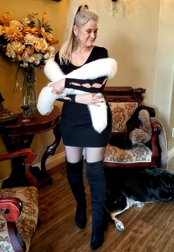 White Fox Fur Boa Wrap with Tails - Gem
