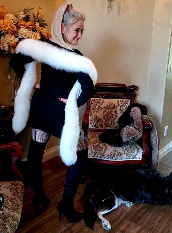 White Fox Fur Boa Wrap with Tails - Gem