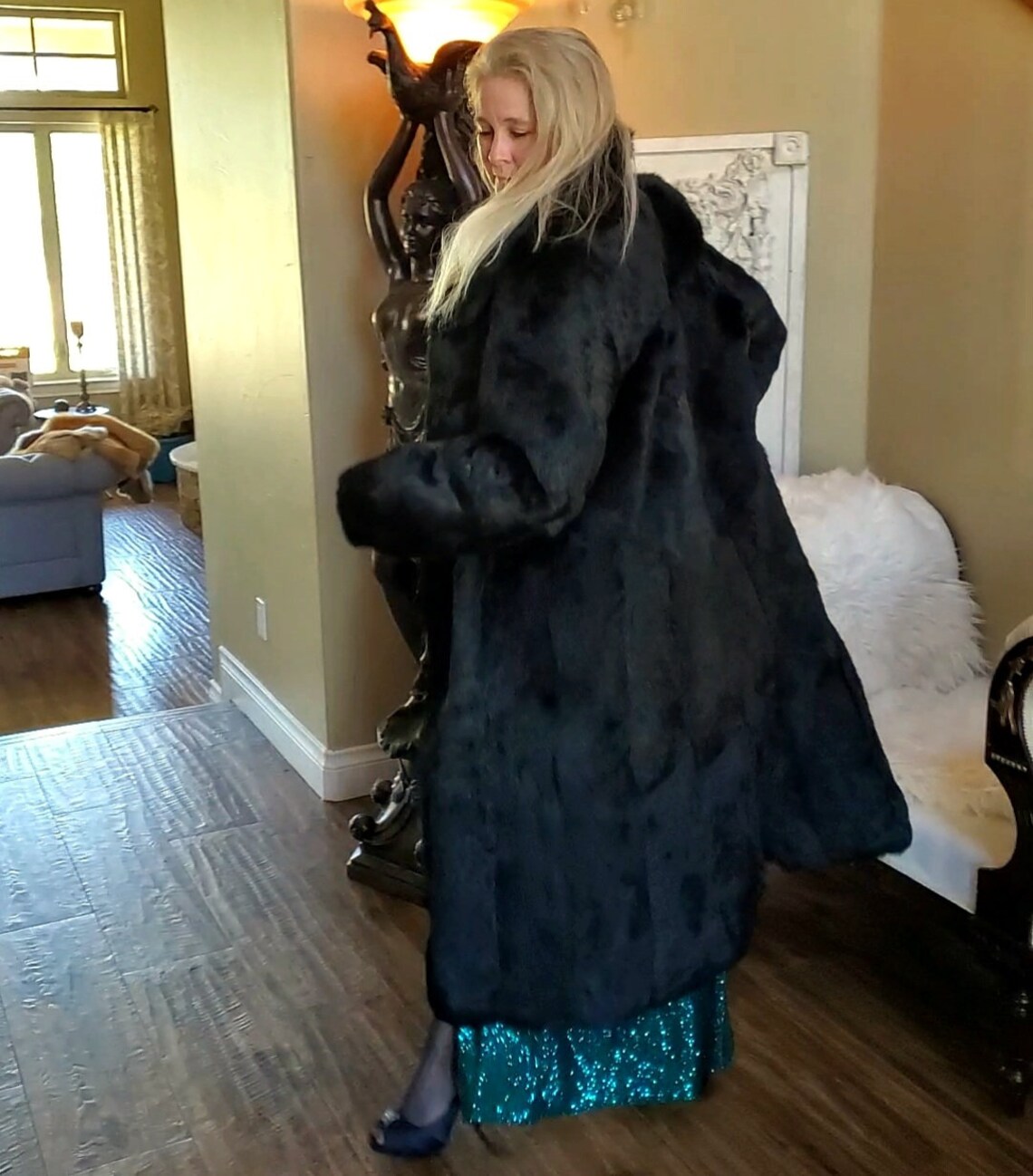 Luxurious Black Extra Long Rabbit Fur Coat - Etsy