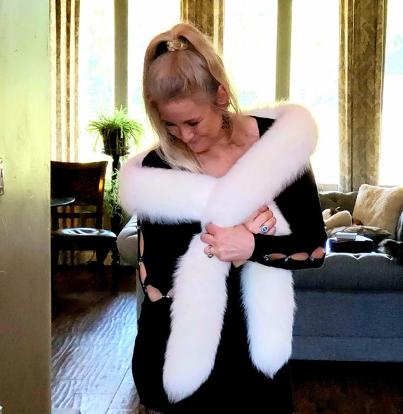 White Fox Fur Boa Wrap with Tails - Gem