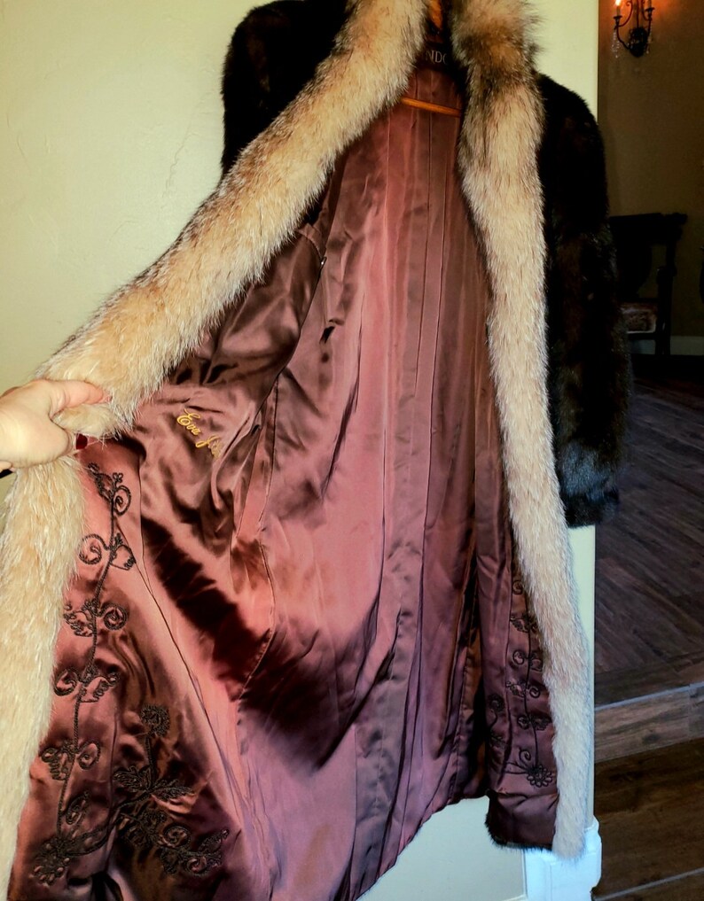 Long Chocolate Brown Mink Coat With Light Brown Fox Tuxedo Collar M-L ...