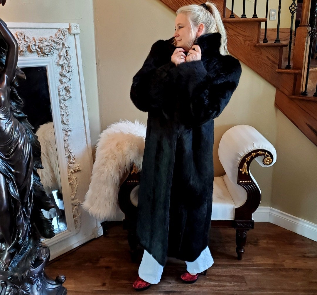 Extra Long, Super Plush Black Rabbit Fur Coat Sz L - Etsy