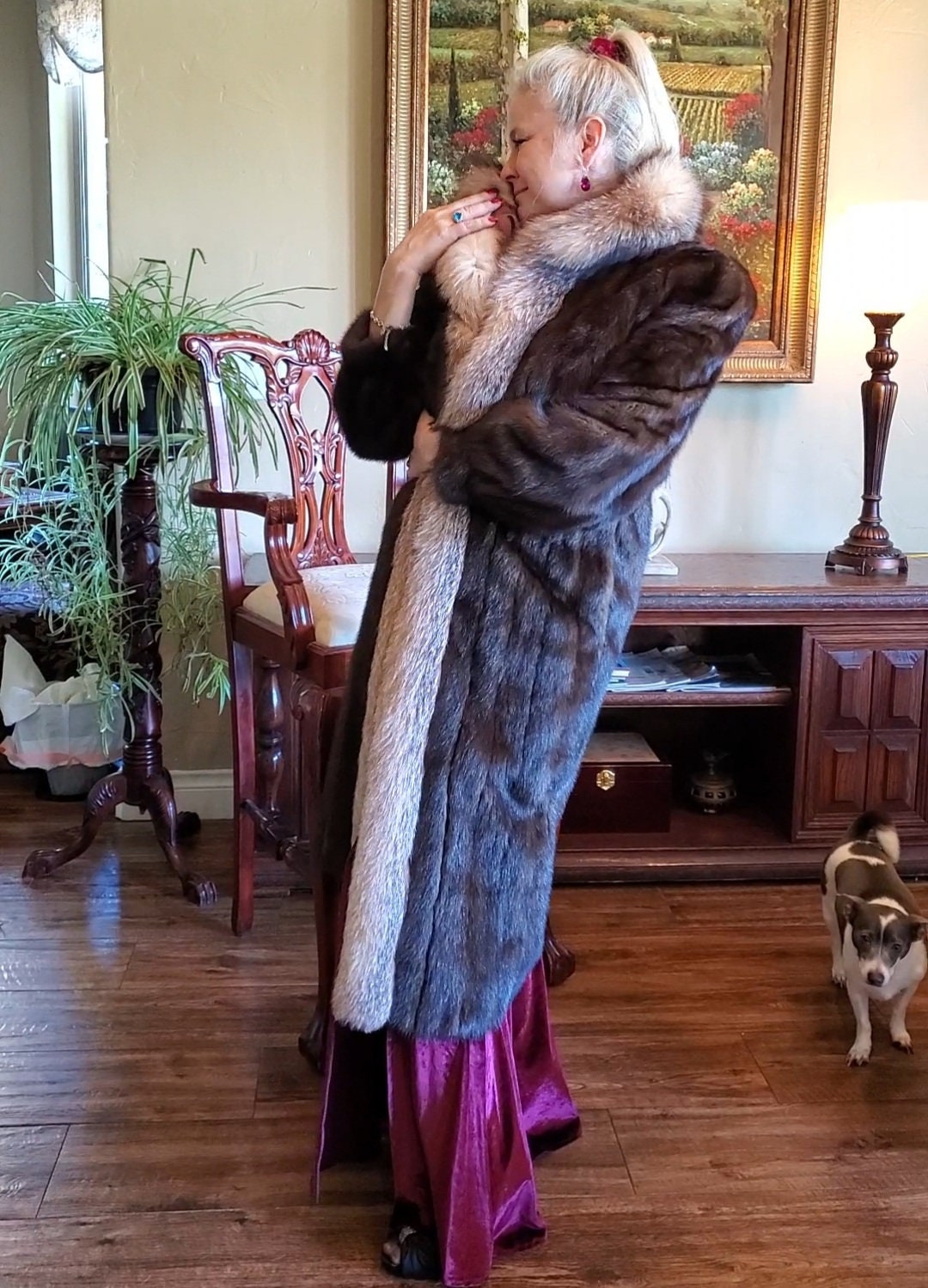 Long Chocolate Brown Mink Coat With Light Brown Fox Tuxedo Collar M-L ...