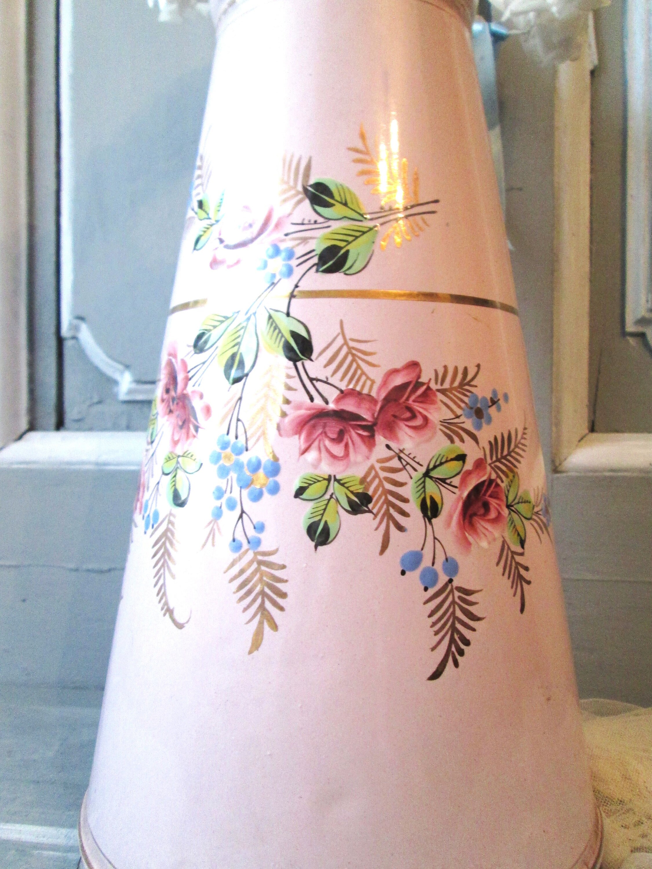 1900 French PINK Enamel Water Pitcher Raised Roses Gold Stripes and ...