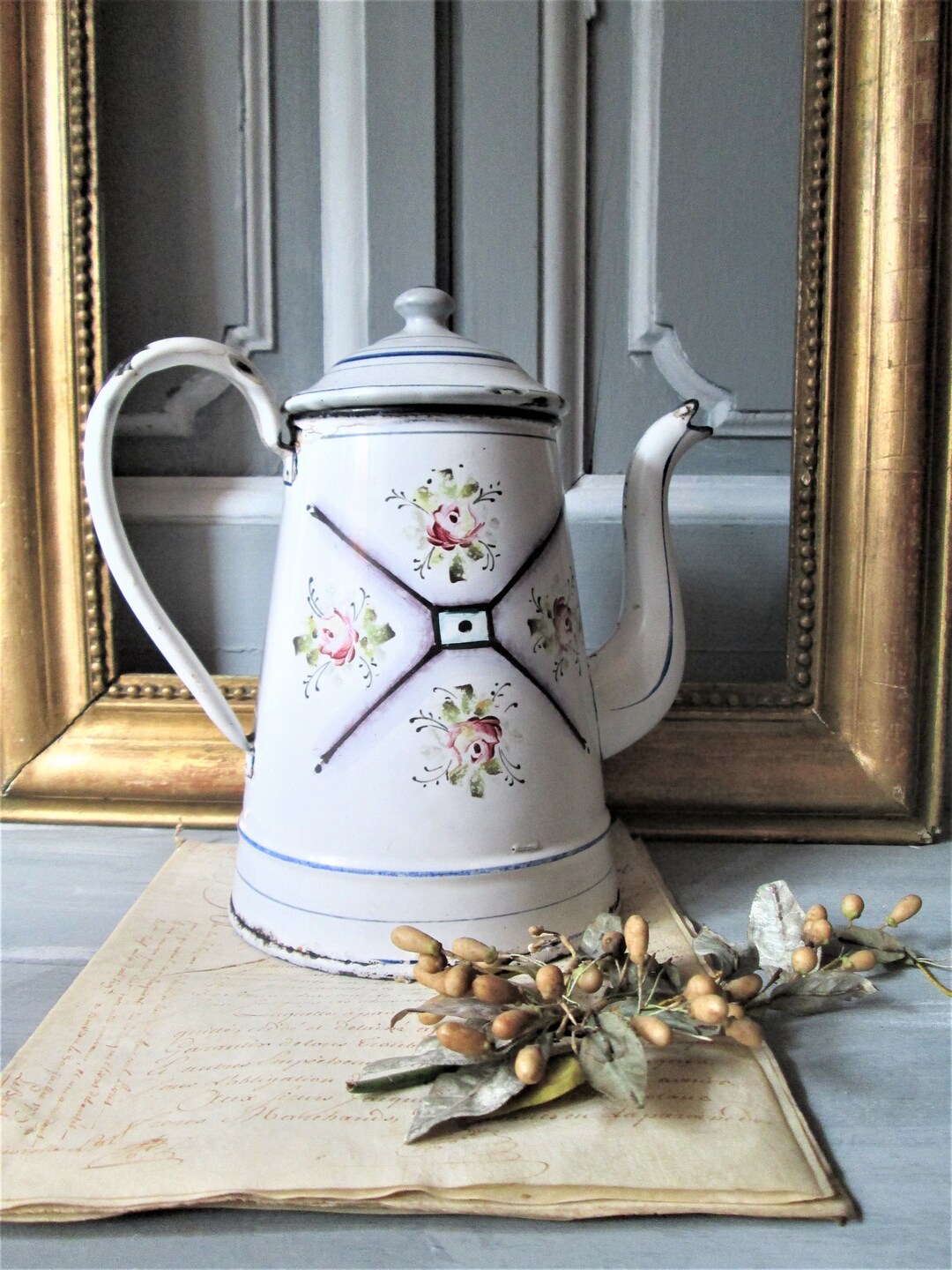 Late 1800's Antique French Enamel Coffee Pot White Enamel Rose Buds ...