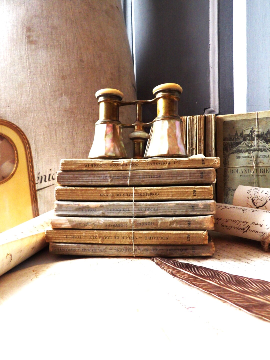 Antique French Book Bundles Dated 1887 2 Stacks = 7 Books Pale Blue ...