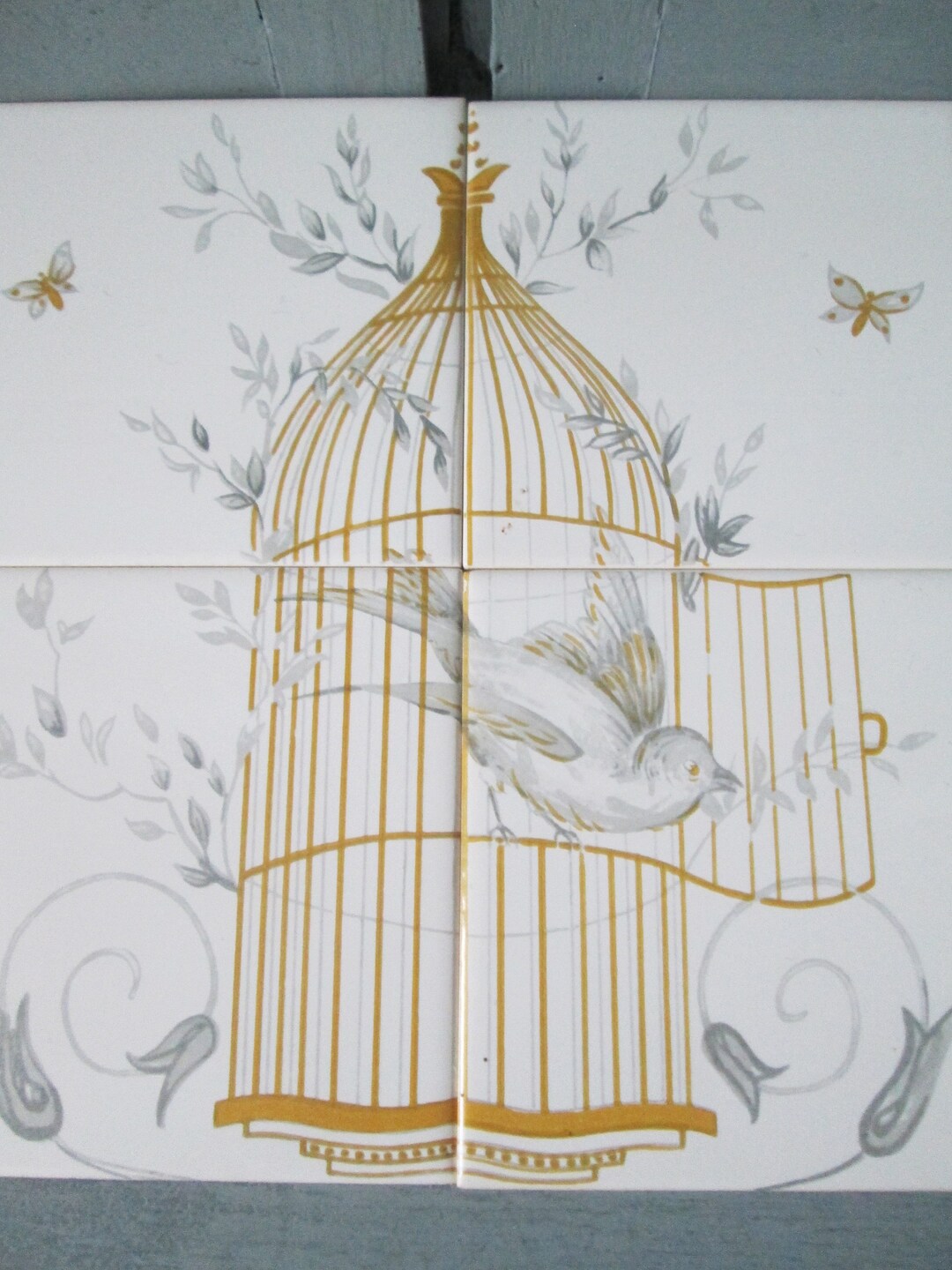 70's French Tiles Ceramic Birdcage Butterflies Tableau Dove Grey and ...