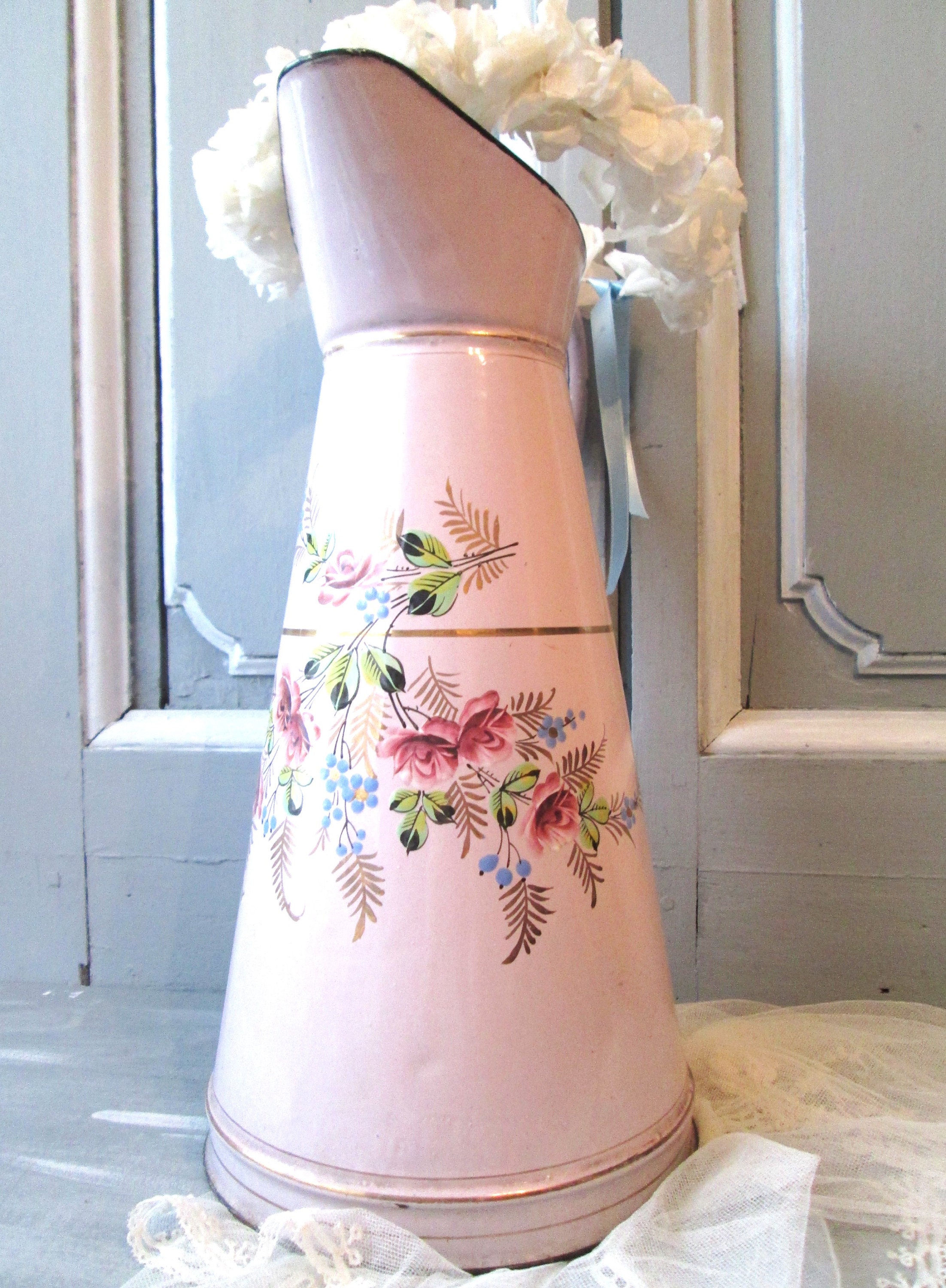 1900 French PINK Enamel Water Pitcher Raised Roses Gold Stripes and ...