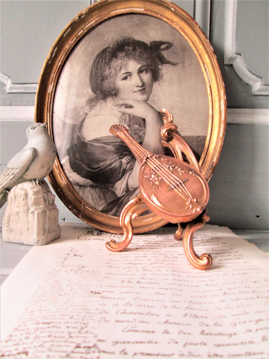 Antique French Bronze Jewelry Box, Mandolin Shaped, Tufted Silk ...