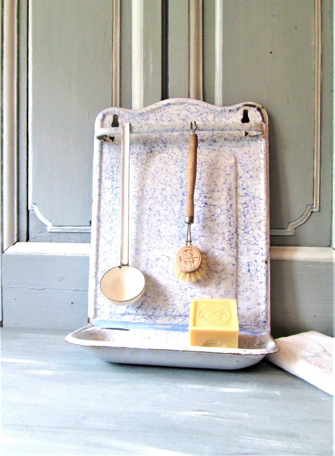 French Enamel Kitchen Utensils Holder Blue and White Marbleized French ...