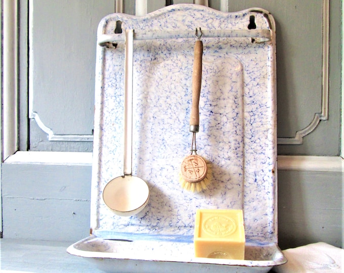 French Enamel Kitchen Utensils Holder Blue and White Marbleized French ...