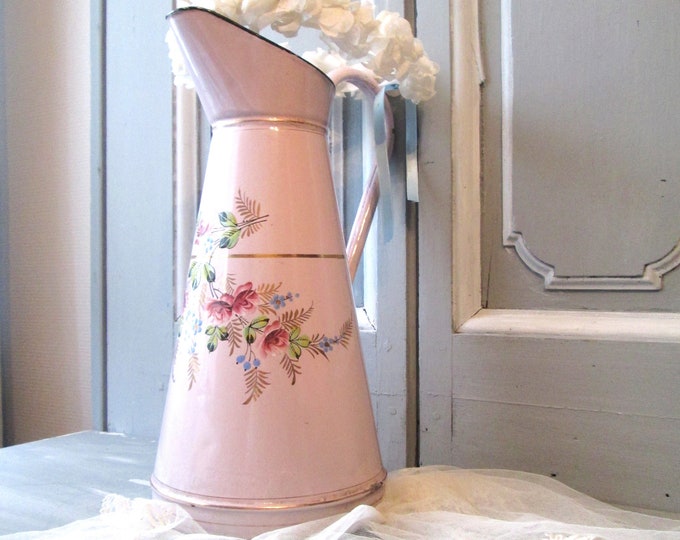 1900 French PINK Enamel Water Pitcher Raised Roses Gold Stripes and ...