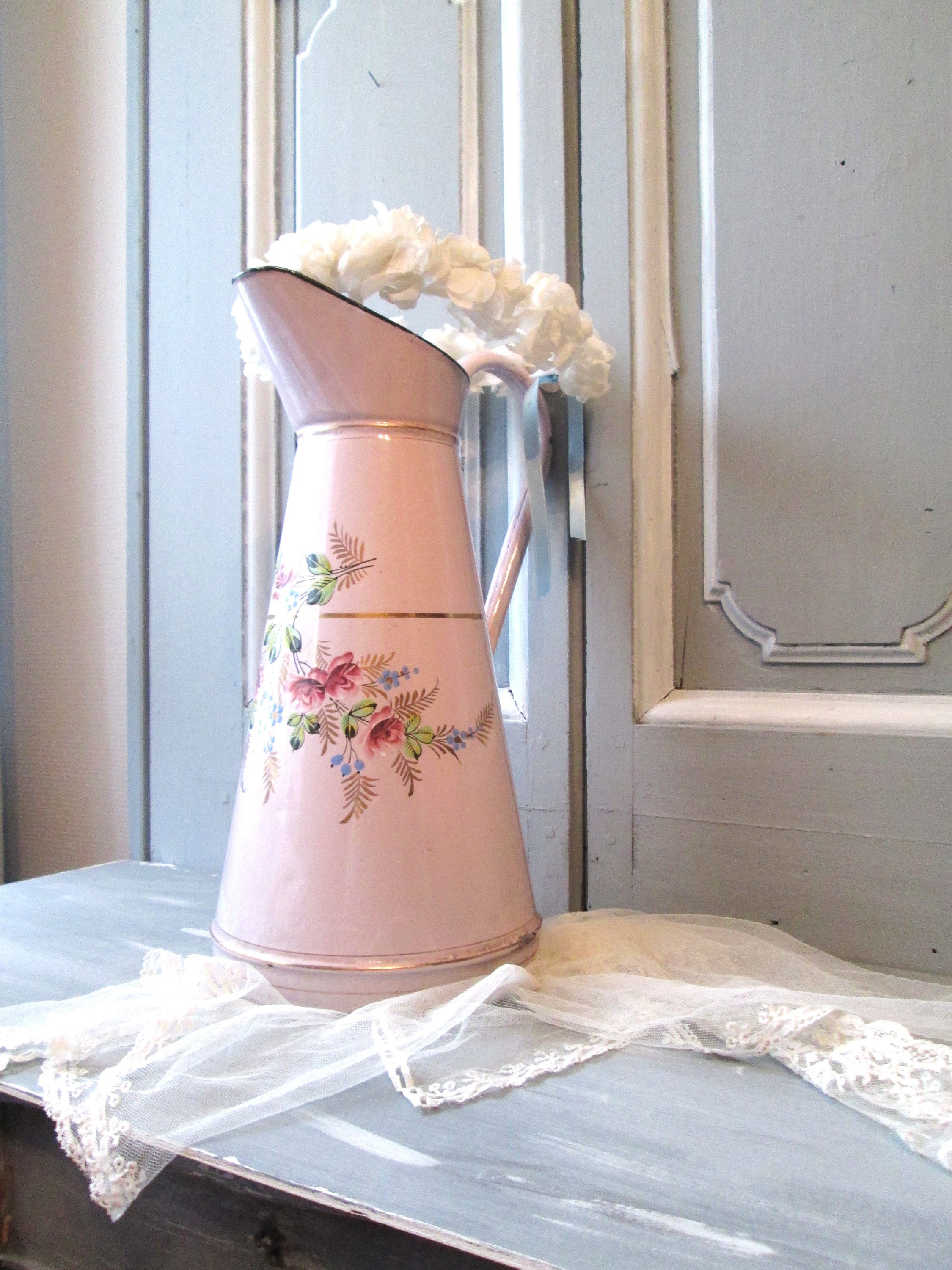 1900 French PINK Enamel Water Pitcher Raised Roses Gold Stripes and ...