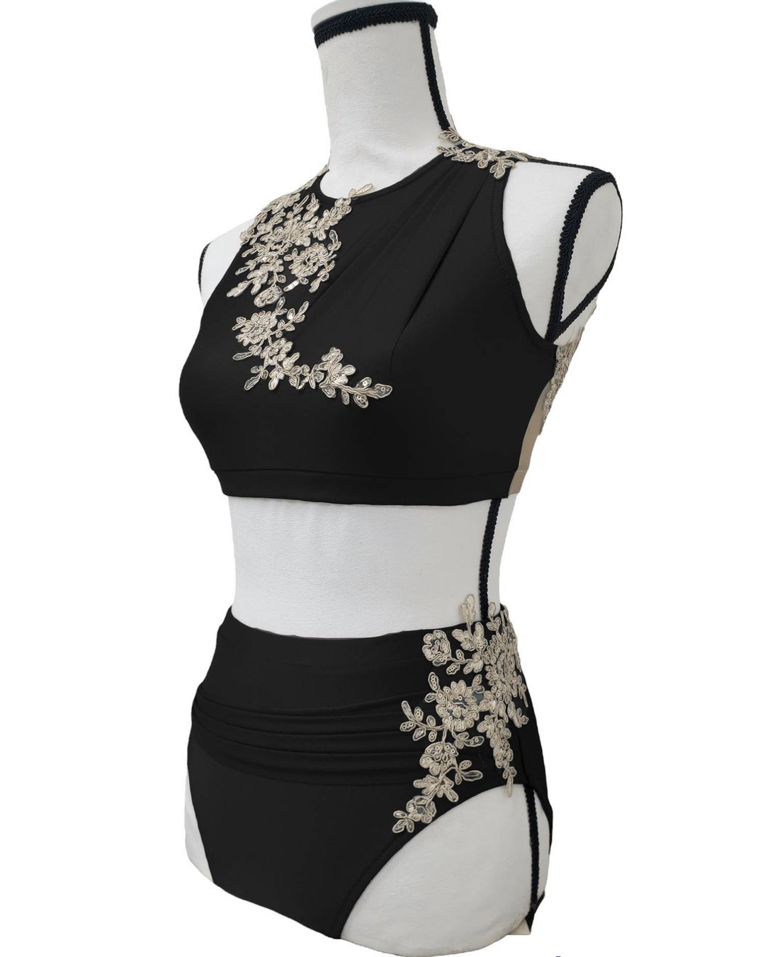 BLACK DANCE COSTUME - 2 Pieces With Flower Applications. - Etsy