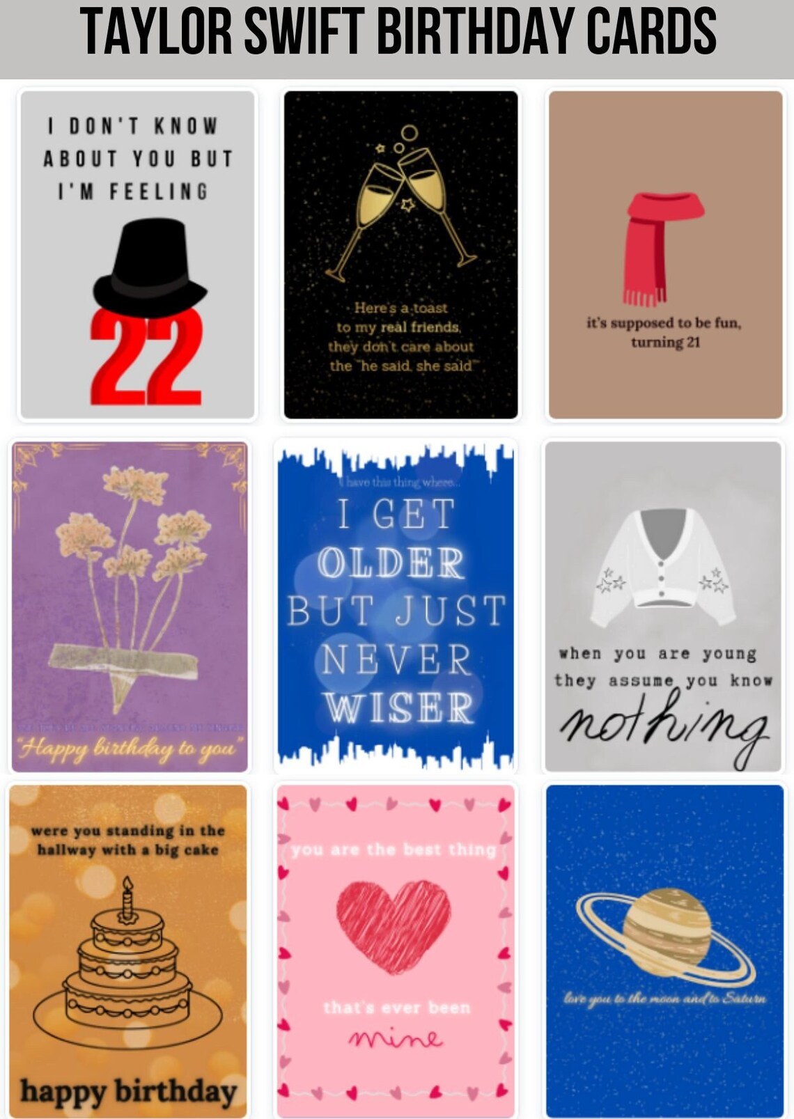 9x Taylor Swift Inspired BIRTHDAY CARDS Greeting Party Valentine's Day ...