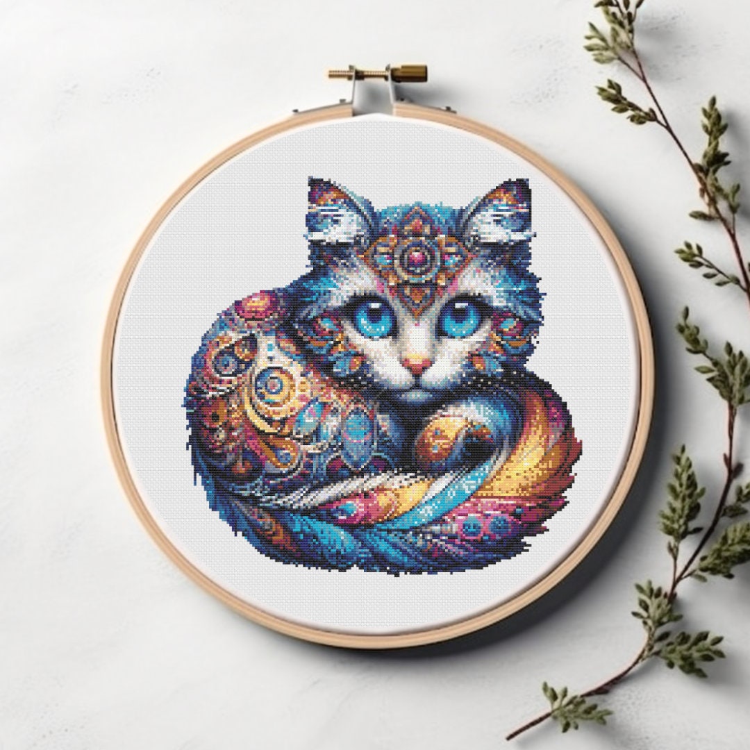 Mystical Boho Cat Cross Stitch | Cat Cross Stitch | Boho Cat Embroidery ...