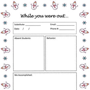 Printable Substitute Note With Snowmans, While You Were Away - Etsy