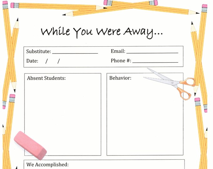 Printable Substitute Note With Pencils , While You Were Away - Etsy