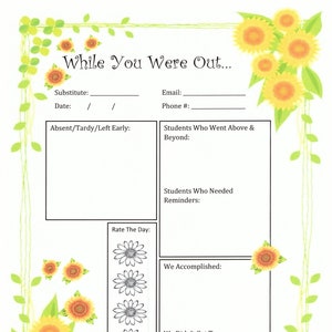Printable Substitute Note With Sunflowers, While You Were Out - Etsy