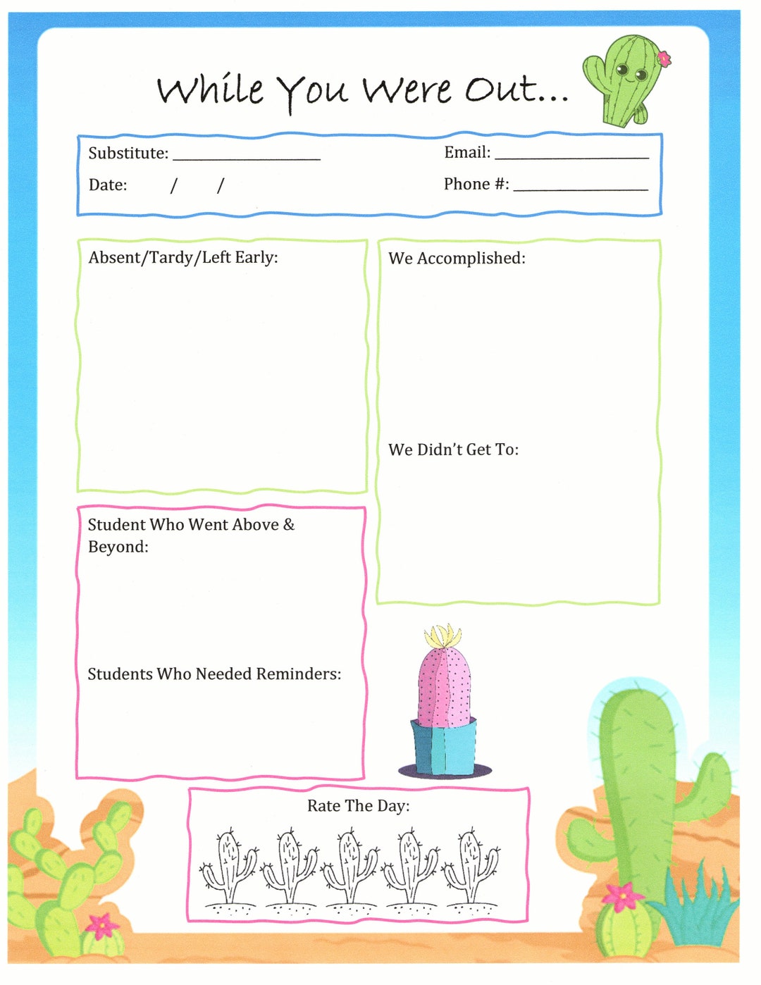 Printable Substitute Note With Cactus, While You Were Out - Etsy