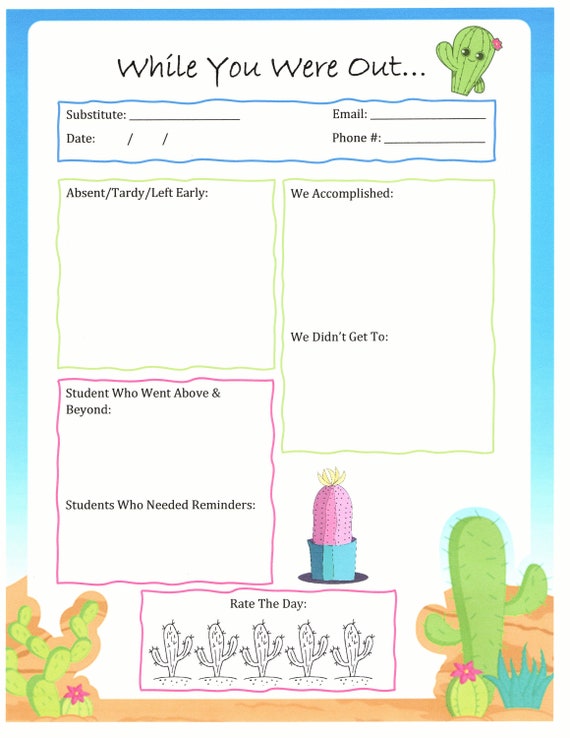Printable Substitute Note With Cactus While You Were Out - Etsy