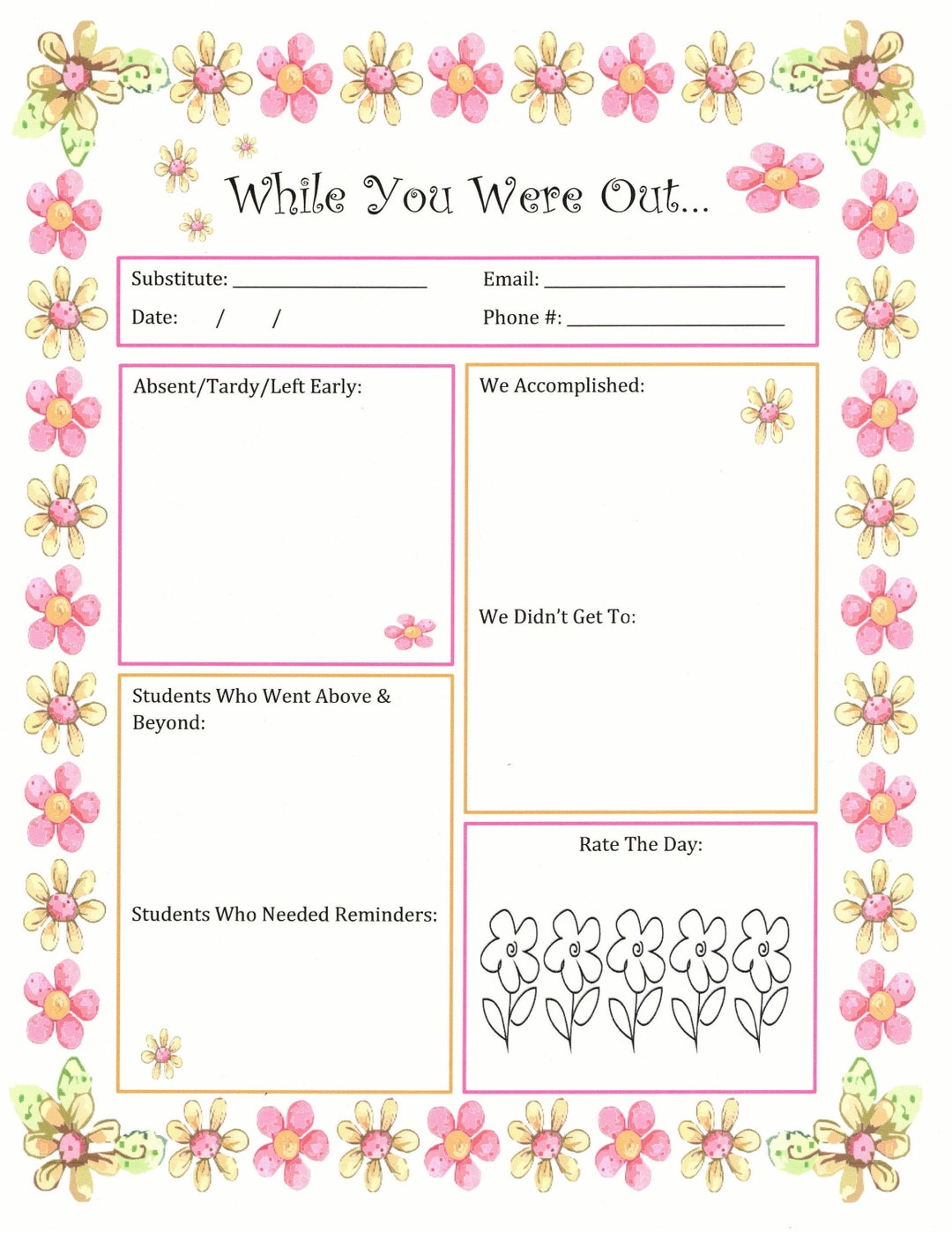 Printable Substitute Note With Flowers, While You Were Out - Etsy
