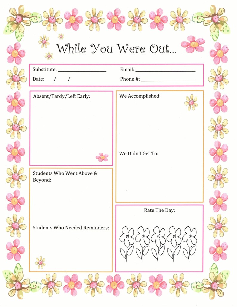 Printable Substitute Note With Flowers, While You Were Out - Etsy