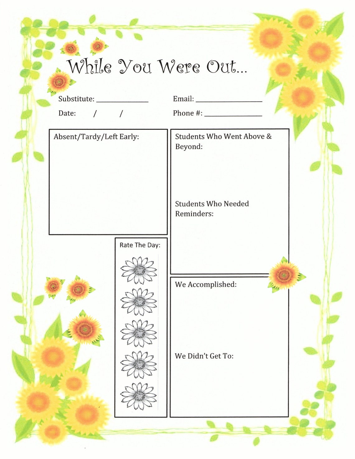 Printable Substitute Note With Sunflowers, While You Were Out - Etsy