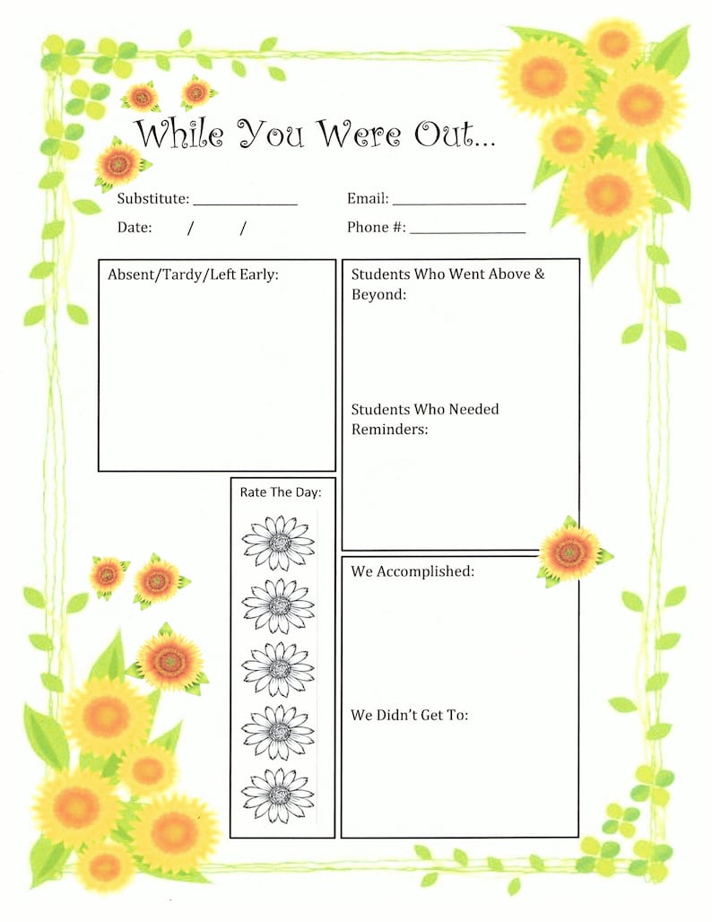 Printable Substitute Note With Sunflowers, While You Were Out - Etsy