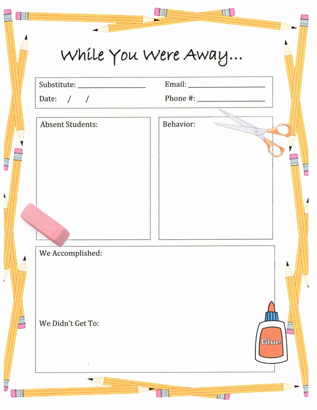 Printable Substitute Note With Pencils , While You Were Away - Etsy